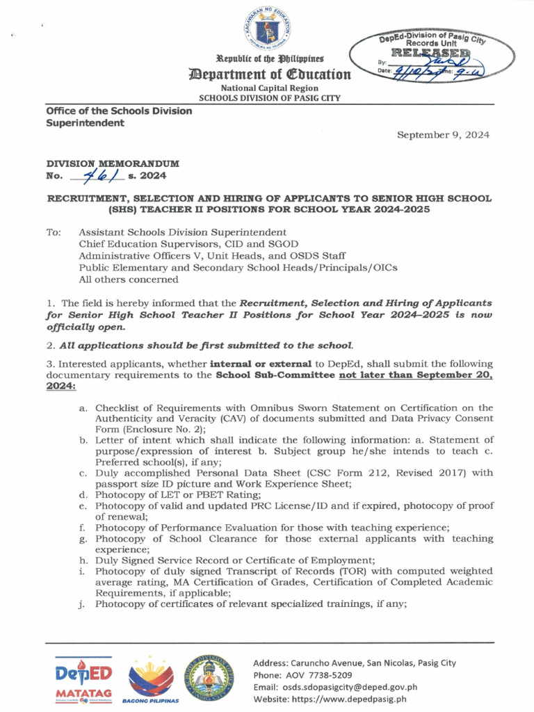 DM No. 461, S. 2024-Recruitment, Selection and Hiring of Applicants To ...