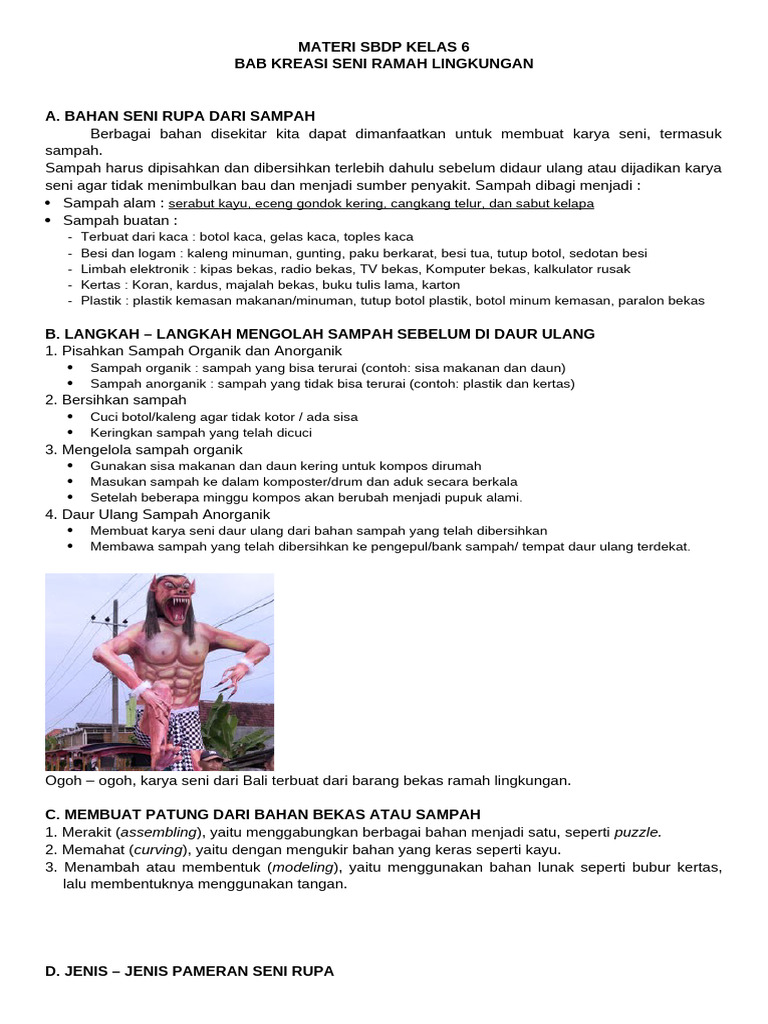 Rangkuman Materi SBDP Kelas 6 Kreasi Seni Ramah Lingkungan | PDF