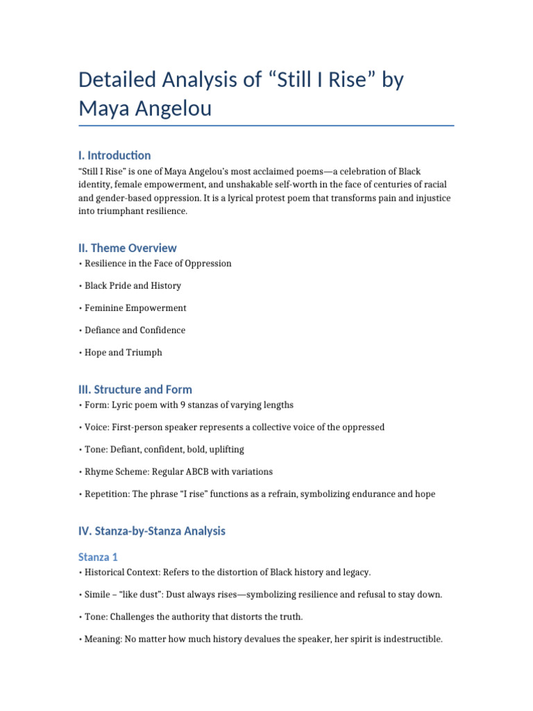 Analysis of "Still I Rise" by Maya Angelou | PDF | Poetry