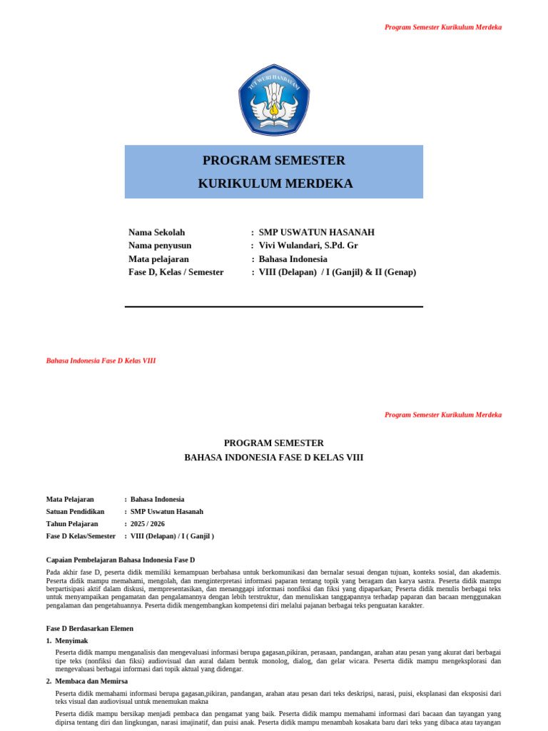 Prosem Kurikulum Merdeka 8 | PDF