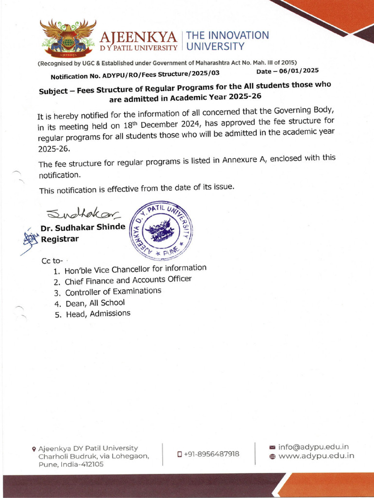 146.ADYPU Fees-Structure-Notification 25 26 | PDF