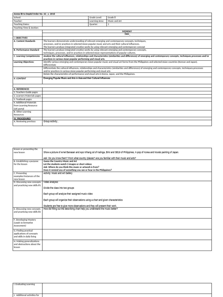 Lesson Plan MAPEH Template | PDF | Teachers | Learning