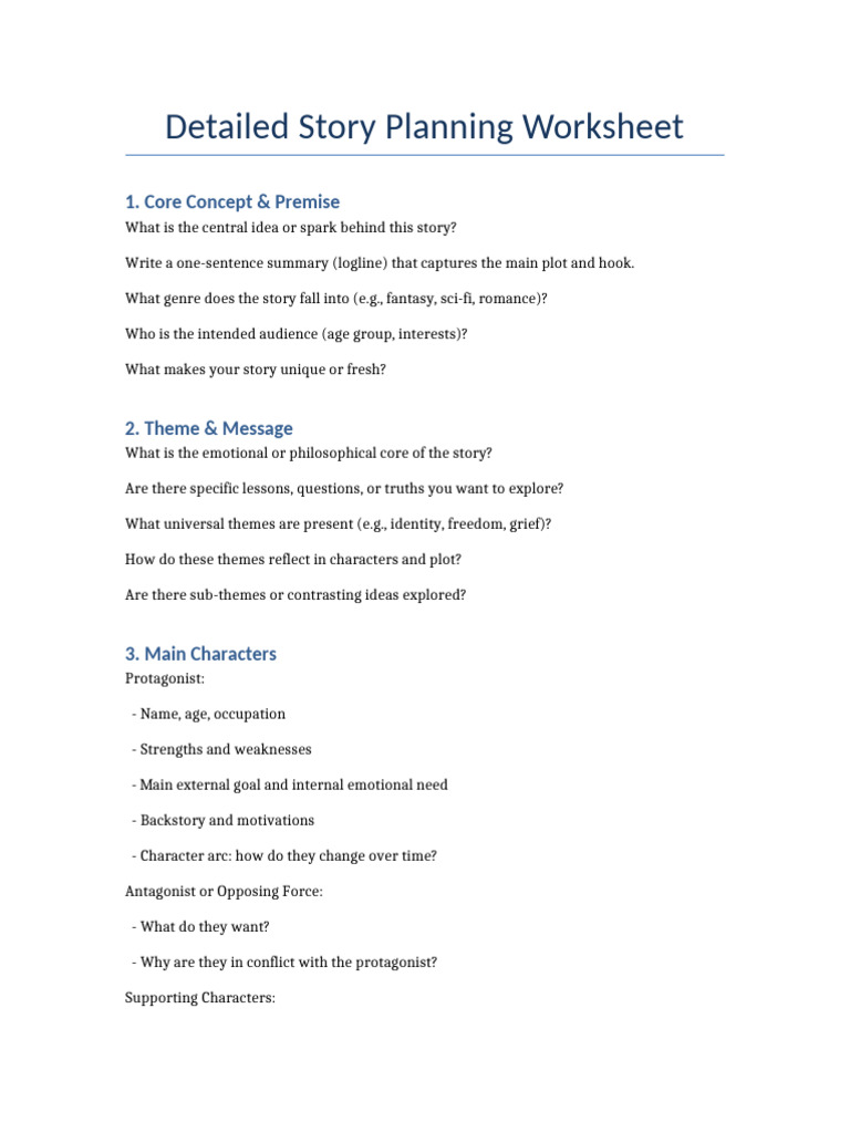 Detailed Story Planning Worksheet by ChatGPT | PDF | Narration | Plot ...