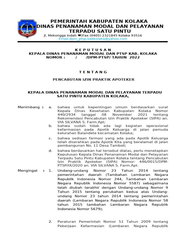 SK Pencabutan Izin Sipa | PDF