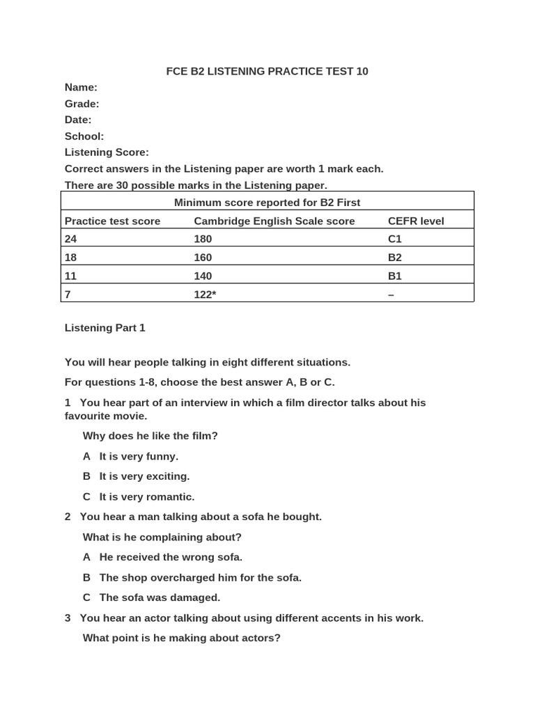 Fce b2 Listening Practice Test 10 Amanda's Class June 2025 | PDF