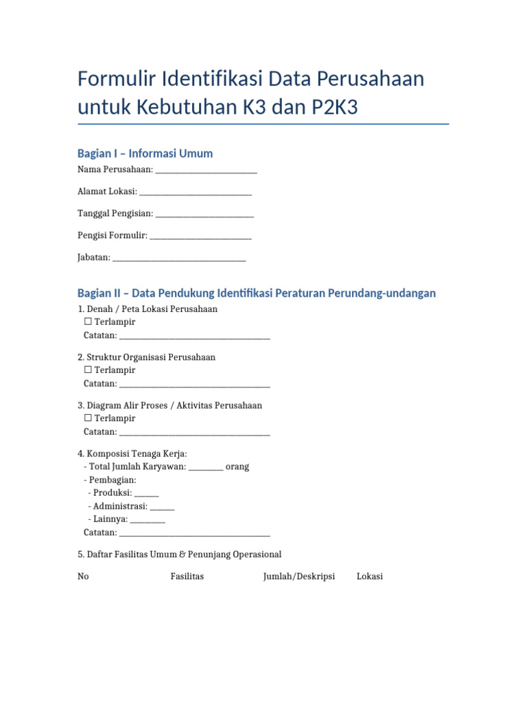 Formulir Identifikasi Data K3 P2K3 | PDF