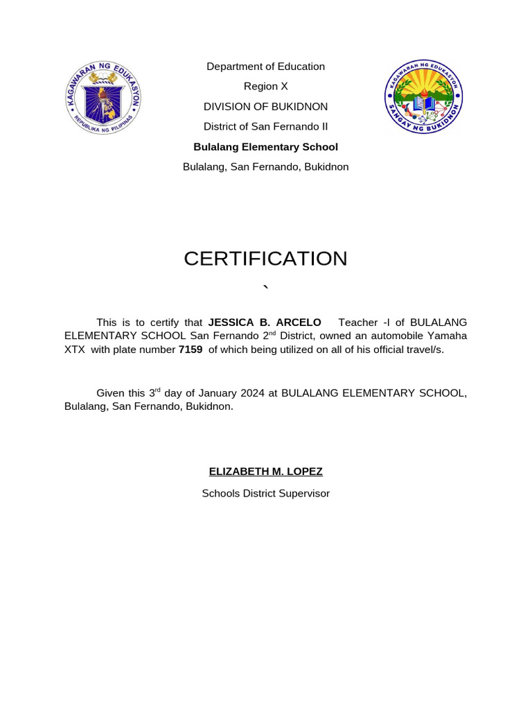 Certification of Owning Vehicle | PDF
