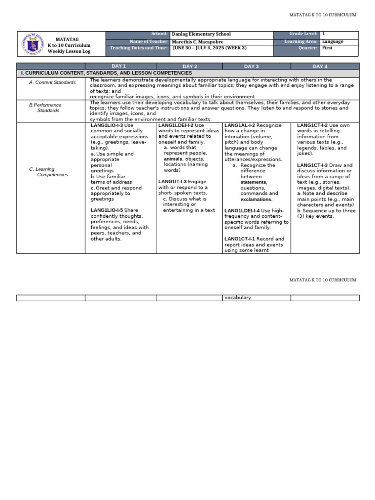 DLL Matatag Language 1 q1 w3 | PDF