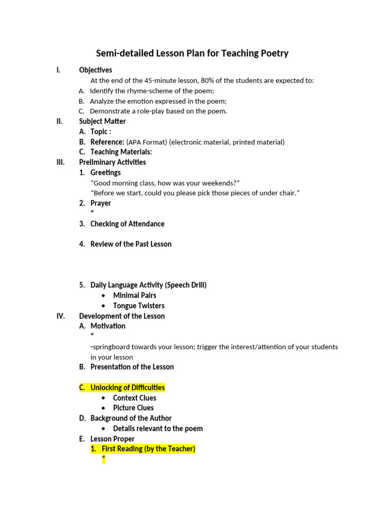 Lesson Plan Format - Poetry and Prose | PDF | Poetry | Lesson Plan