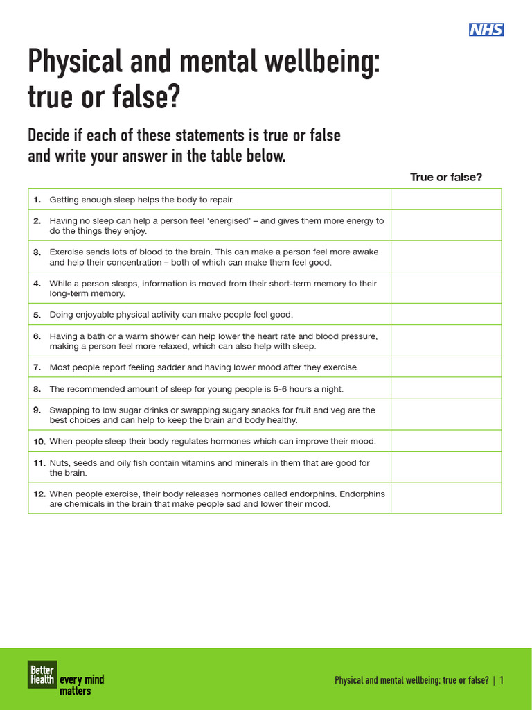 Physical and Mental Wellbeing Quiz | PDF | Sleep | Mood (Psychology)