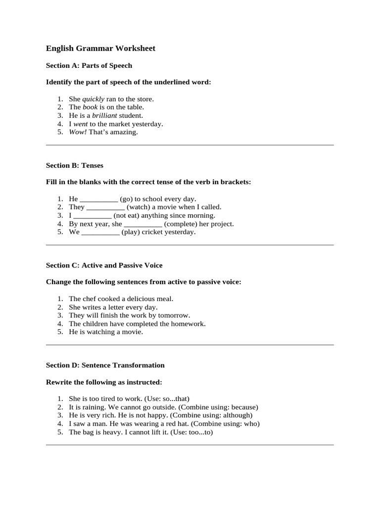 English Grammar Worksheet | PDF