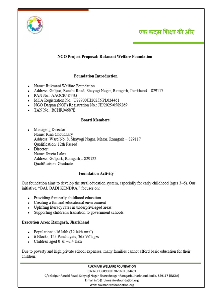 NGO Project Proposal Rukmani Welfare Foundation 1 | PDF | Poverty ...
