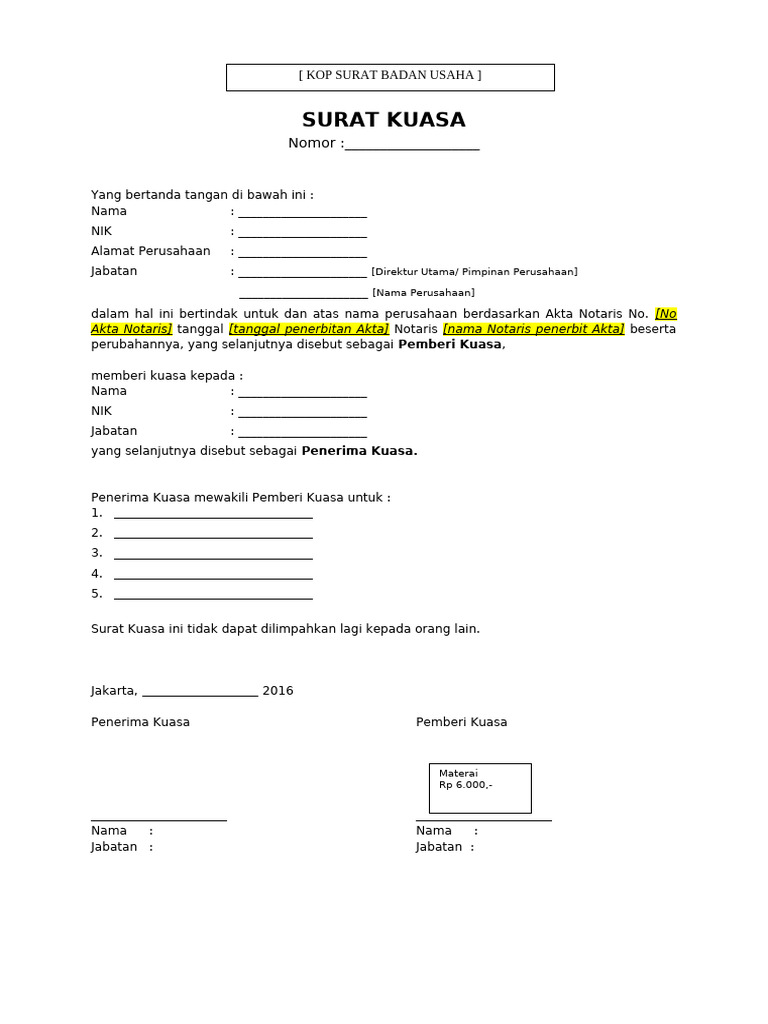 Surat Kuasa - Pelengkap Dok SO | PDF