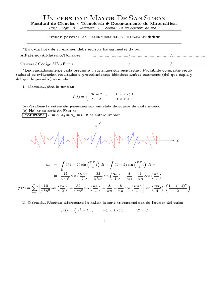 Primer Parcial de Transformadas 2 2022 Soluciones | PDF | Matemáticas | Análisis matemático