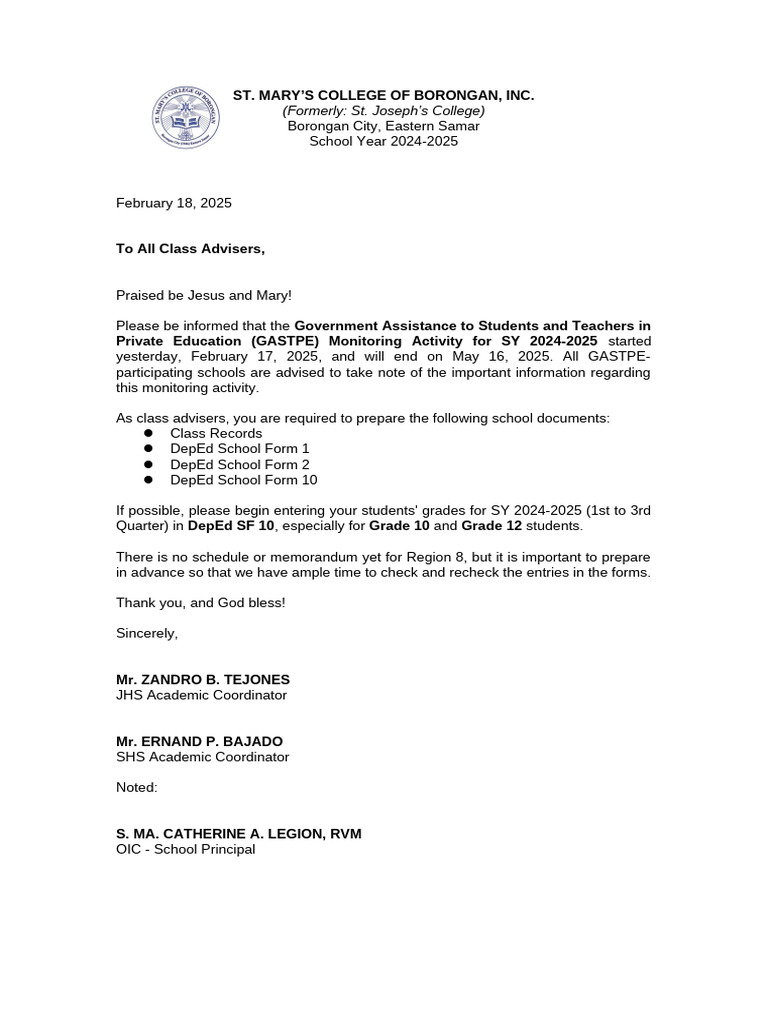 GATSPE Monitoring Letter | PDF