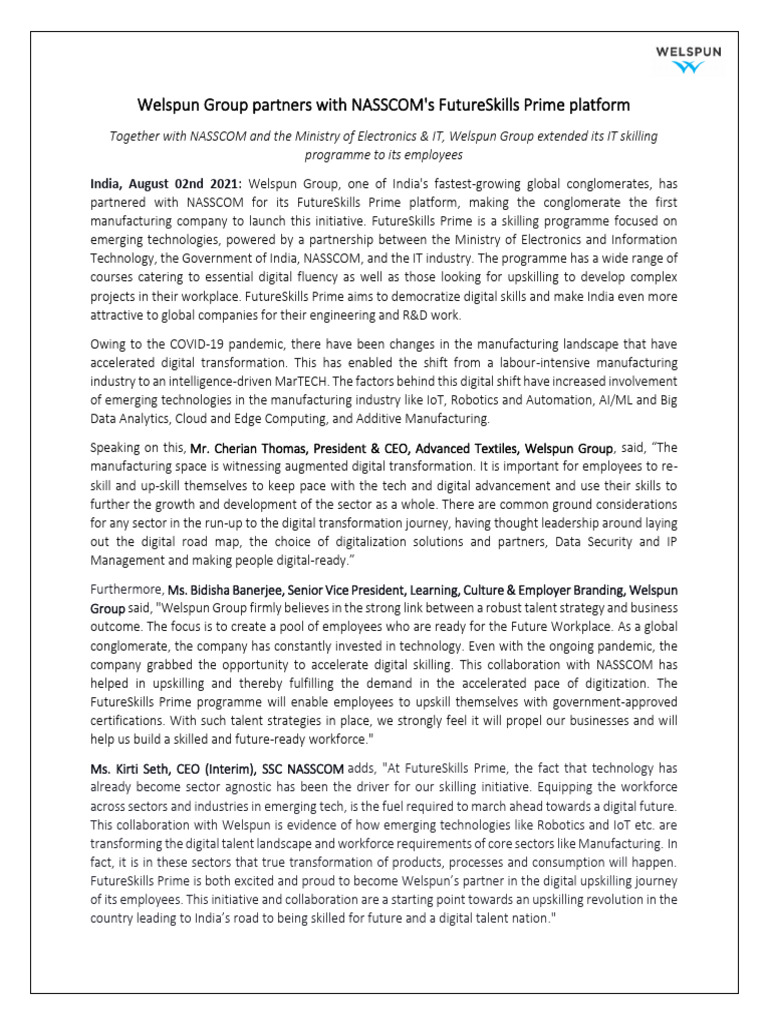 Press Release - Welspun Group Partners With NASSCOM's FutureSkills Prime | PDF | Business ...