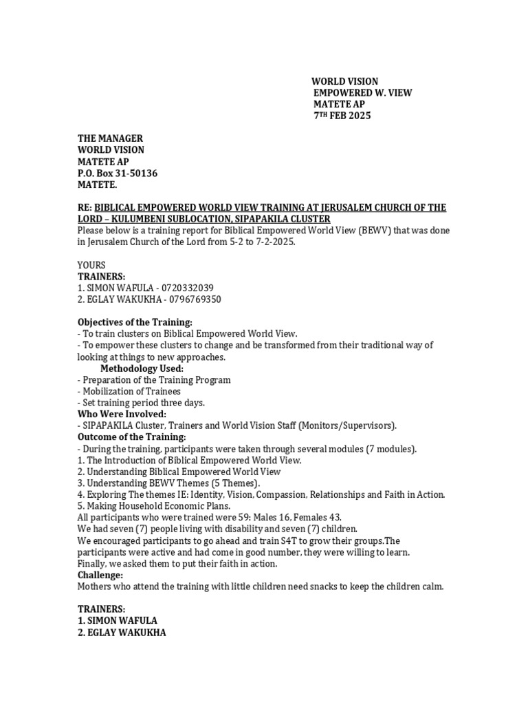 Biblical Empowered World View Training Report-1 | PDF