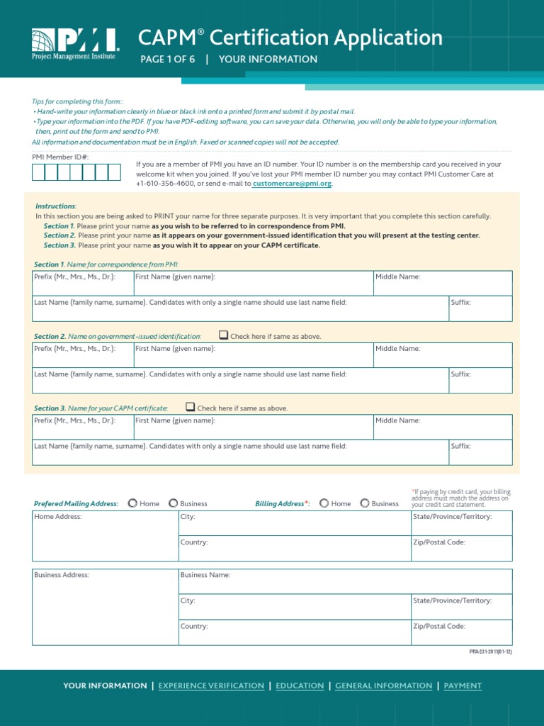 Capm Certification Application: Page 1 of 6 - Your Information | PDF ...