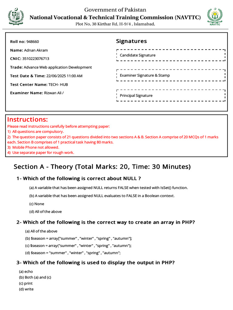 PHP MCQ Exam Paper for Web Development | PDF | Php | String (Computer ...
