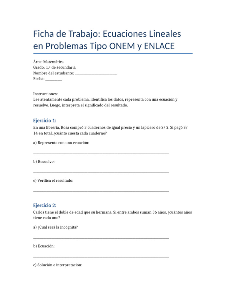 Ficha Ecuaciones Lineales ONEM ENLACE | PDF