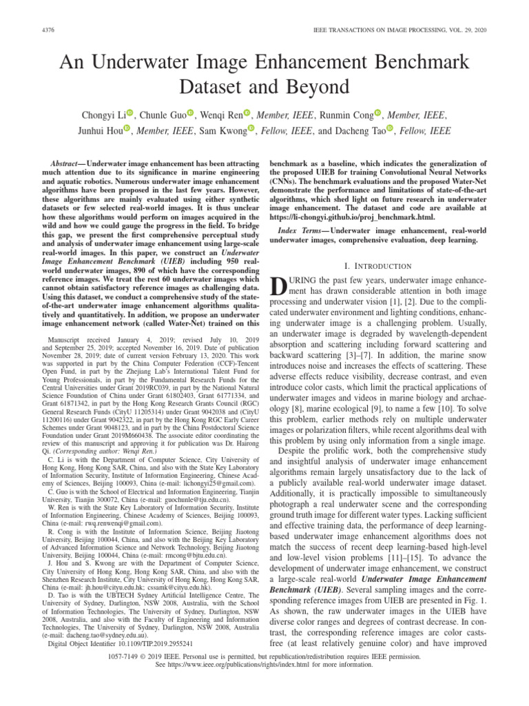 An Underwater Image Enhancement Benchmark Dataset And Beyond Pdf Color Computer Vision