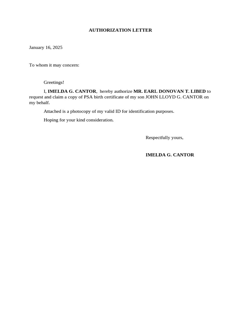 Authorization Letter Psa | PDF