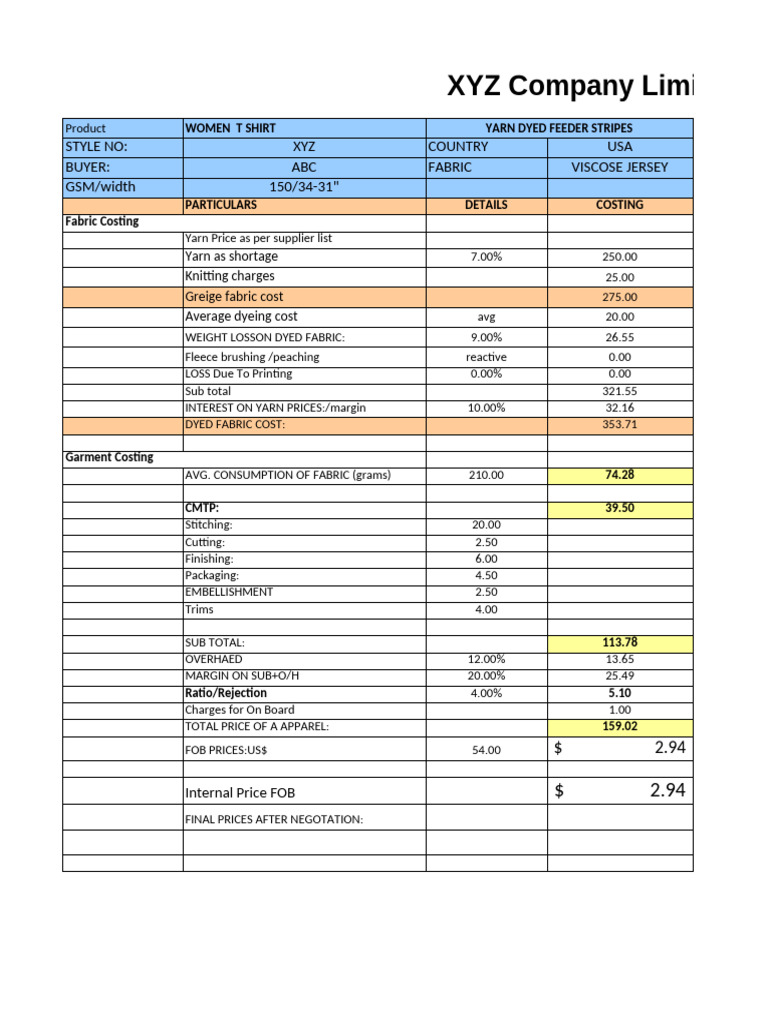 Garment Sample Costing Sheet | PDF | Textiles | Dyeing