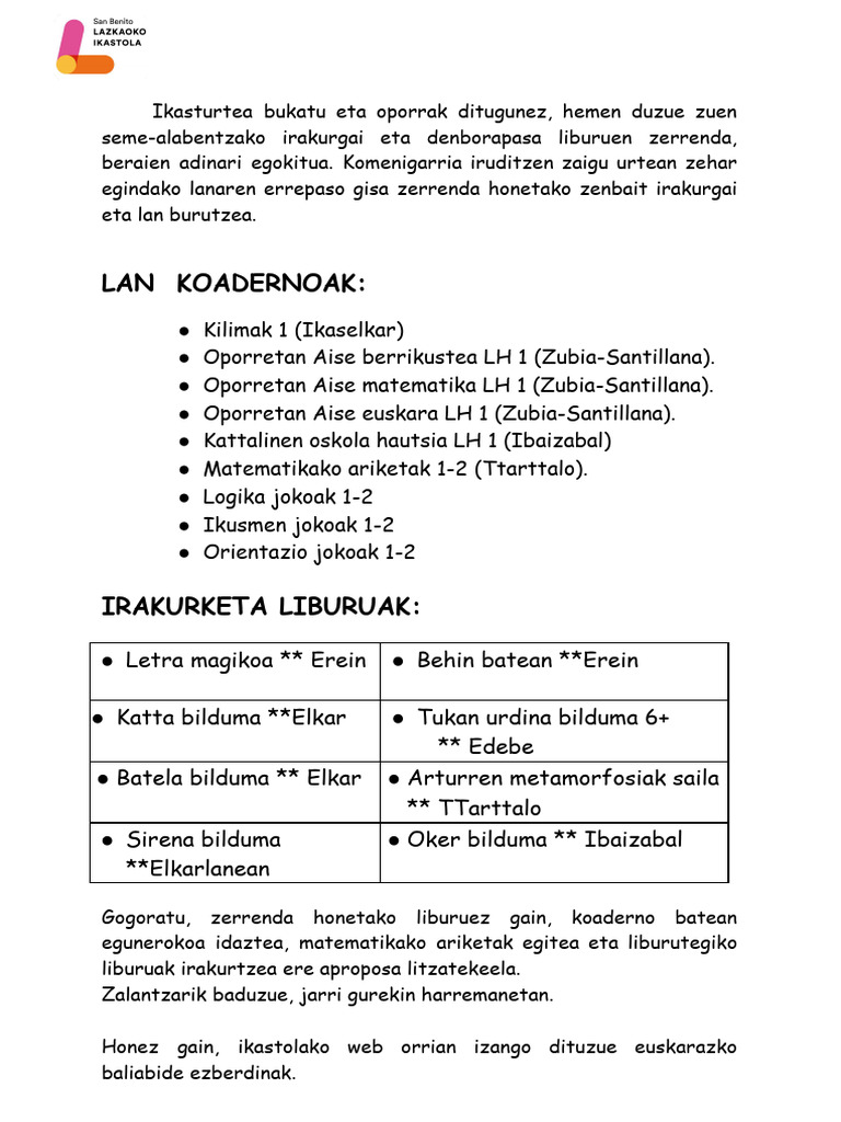 LH 1 Udako Lanak Eusk 2024-25 | PDF