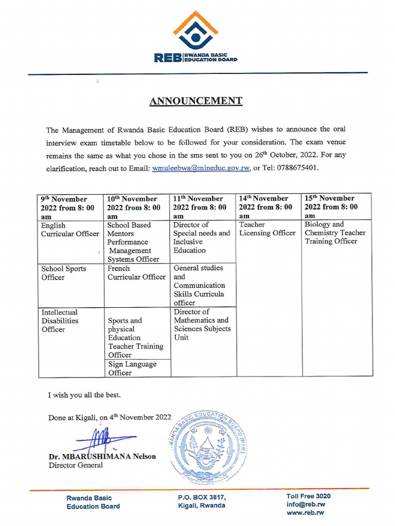 Announcement For Oral Interview Exam Timetable | PDF