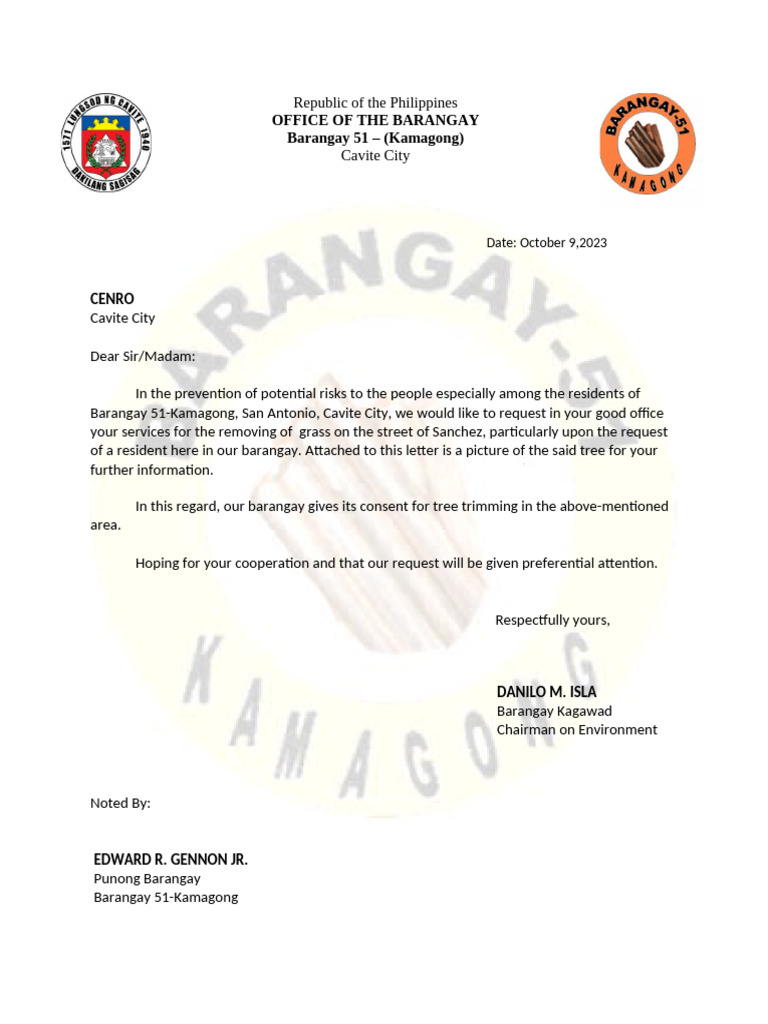 Ltr. For Tree Trimming Services | PDF