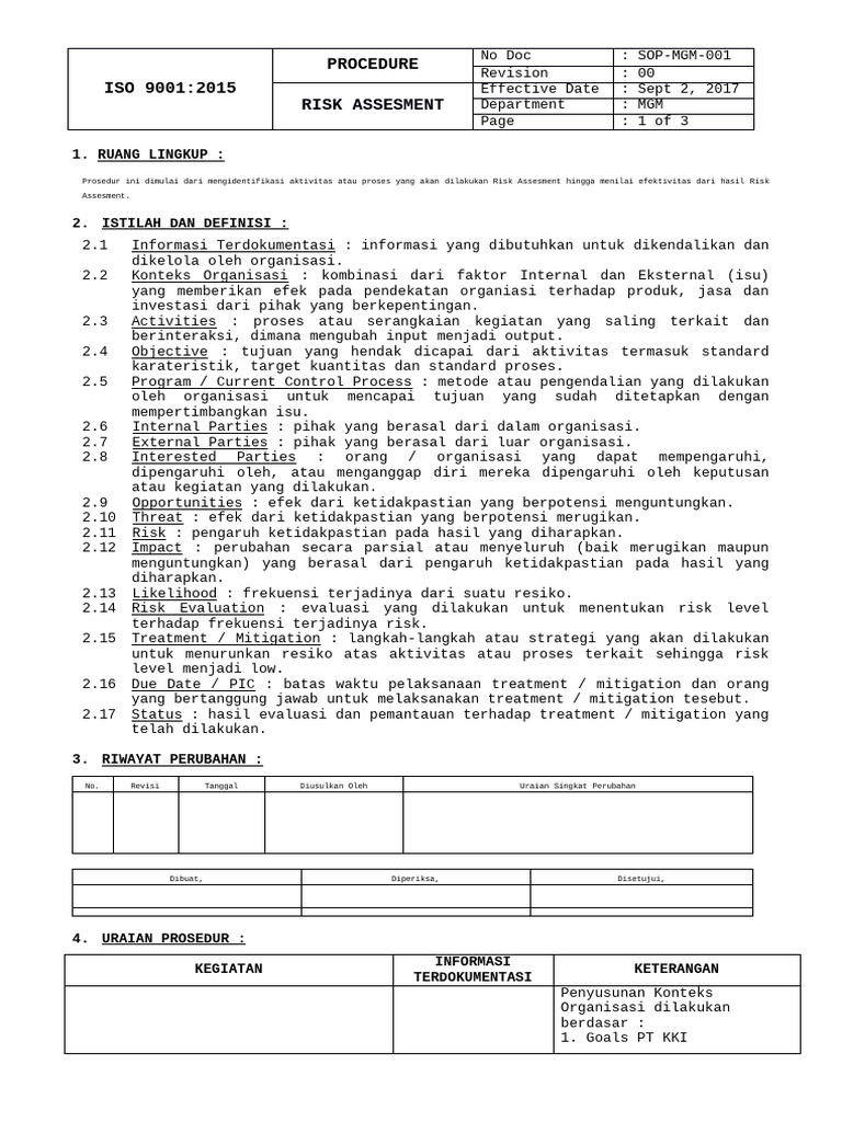 SOP MGM 001 Risk Assesment | PDF