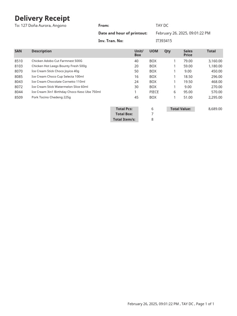 Delivery Receipt: To: 127 Doña Aurora, Angono Tay DC February 26, 2025 ...