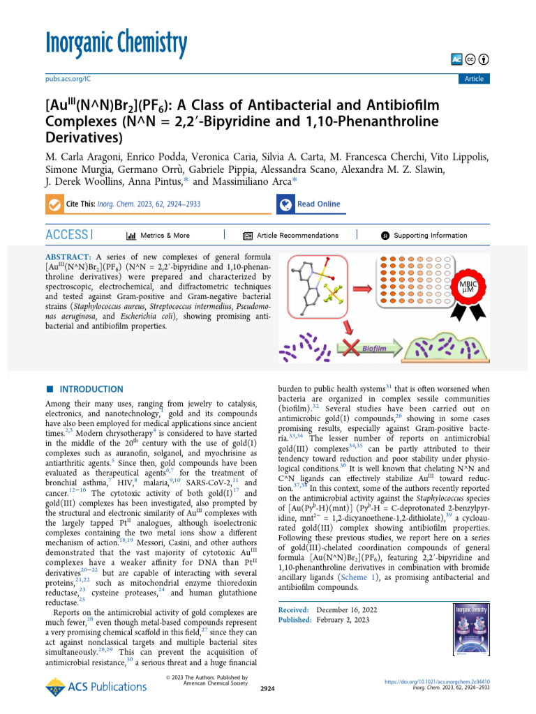 Aragoni Et Al 2023 Auiii (N N) br2 (pf6) A Class of Antibacterial and Antibiofilm Complexes (N N ...
