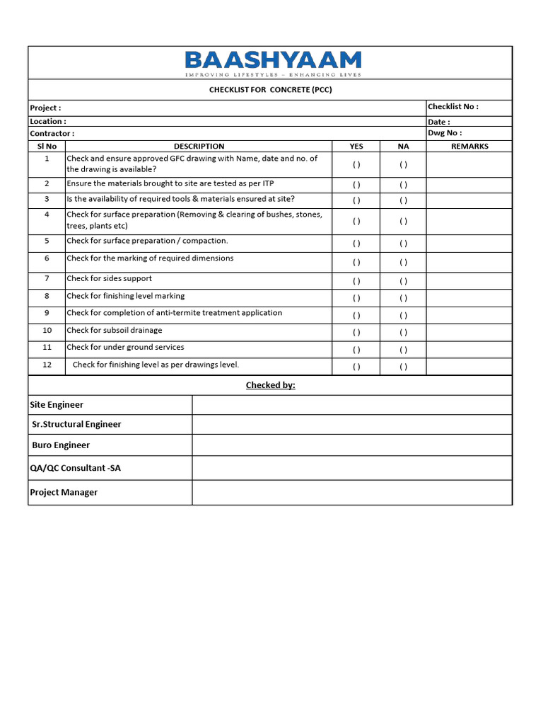 Checklist For Civil Works | PDF | Concrete | Masonry