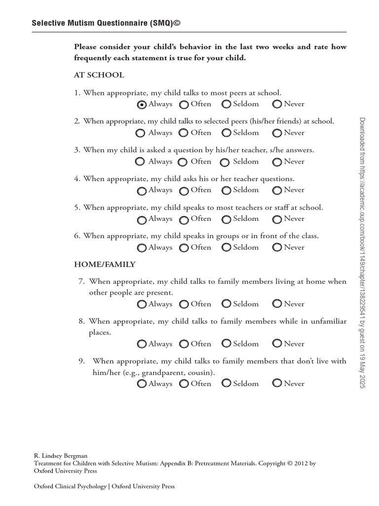 Selective Mutism Questionnaire (SMQ) | PDF | Behavioural Sciences | Psychology