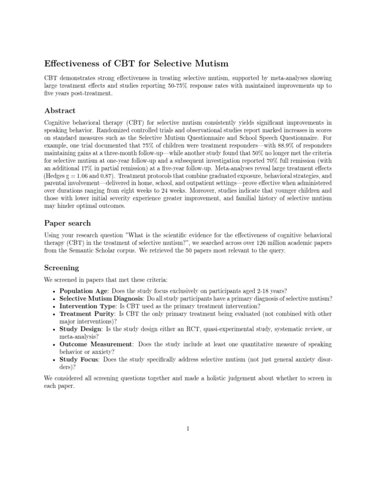 CBT Effectiveness for Selective Mutism | PDF | Cognitive Behavioral ...
