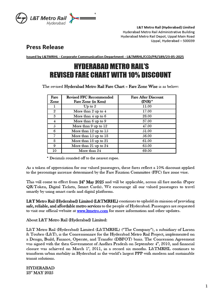 Hyderabad Metro Rail Revised Fare Chart Final | PDF | Rail ...