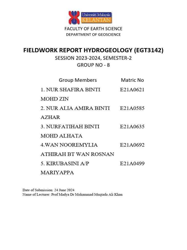 Fieldwork Report Hydrogeology - Group 8 | PDF | Aquifer | Hydrogeology