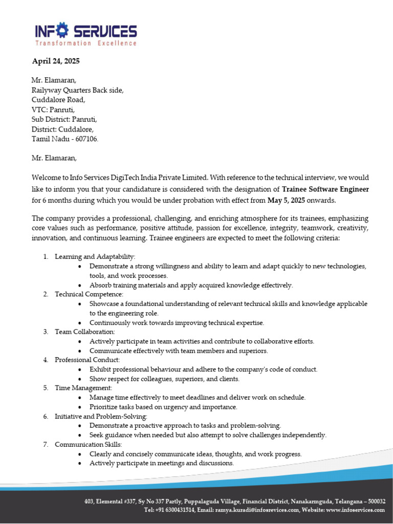 Trainee Offer Letter - Elamaran | PDF | Performance Appraisal | Business