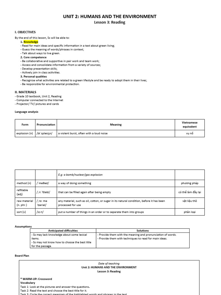 Giáo Án Mẫu - TA10-Unit 2 | PDF | Teachers | Reading Comprehension