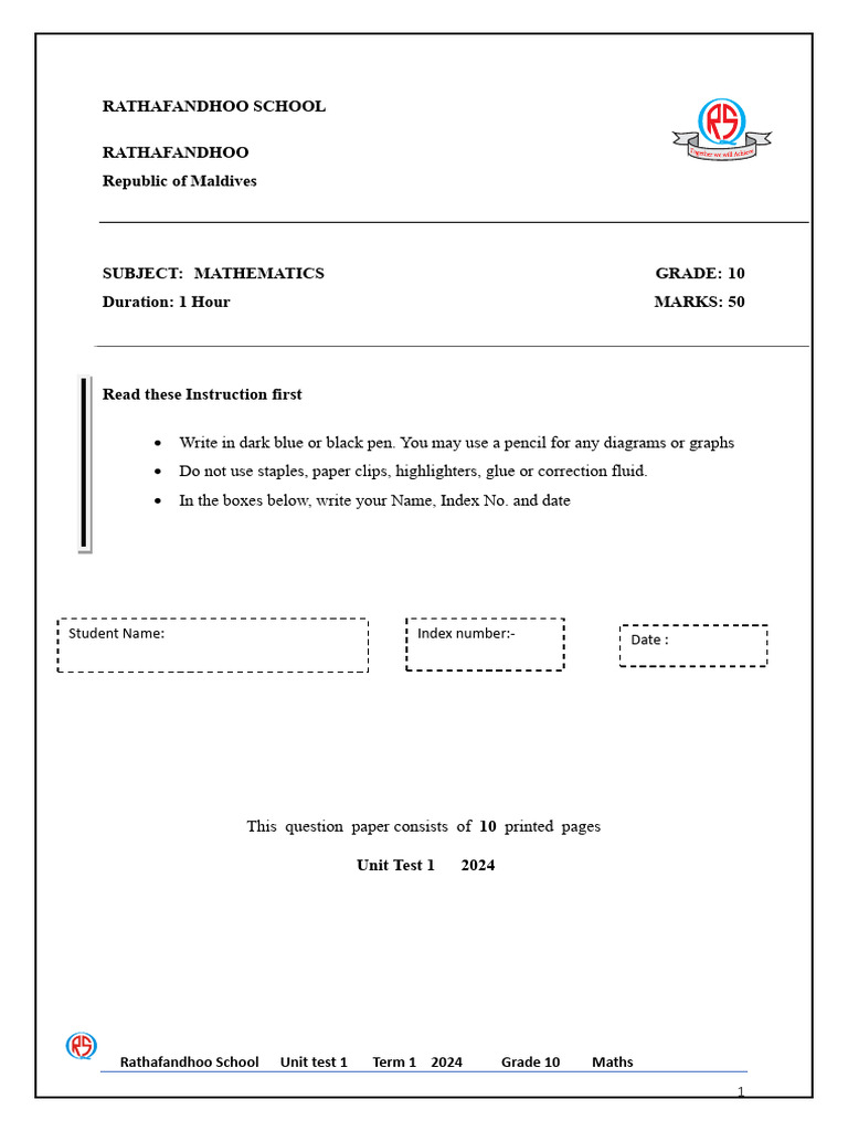 Grade 10 UNIT TEST (4 Copies) | PDF | Mathematics