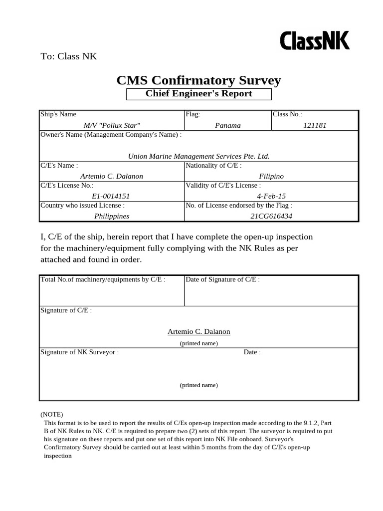 Chief Engineer's Inspection Report for M/V Pollux Star | PDF | Surveying