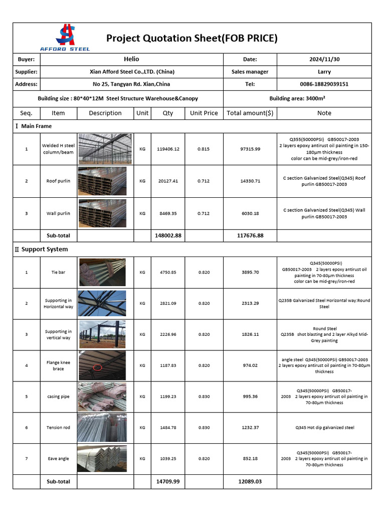 (Quotation) Mr. Helio 80x40x12M Warehouse | PDF | Roof | Building ...