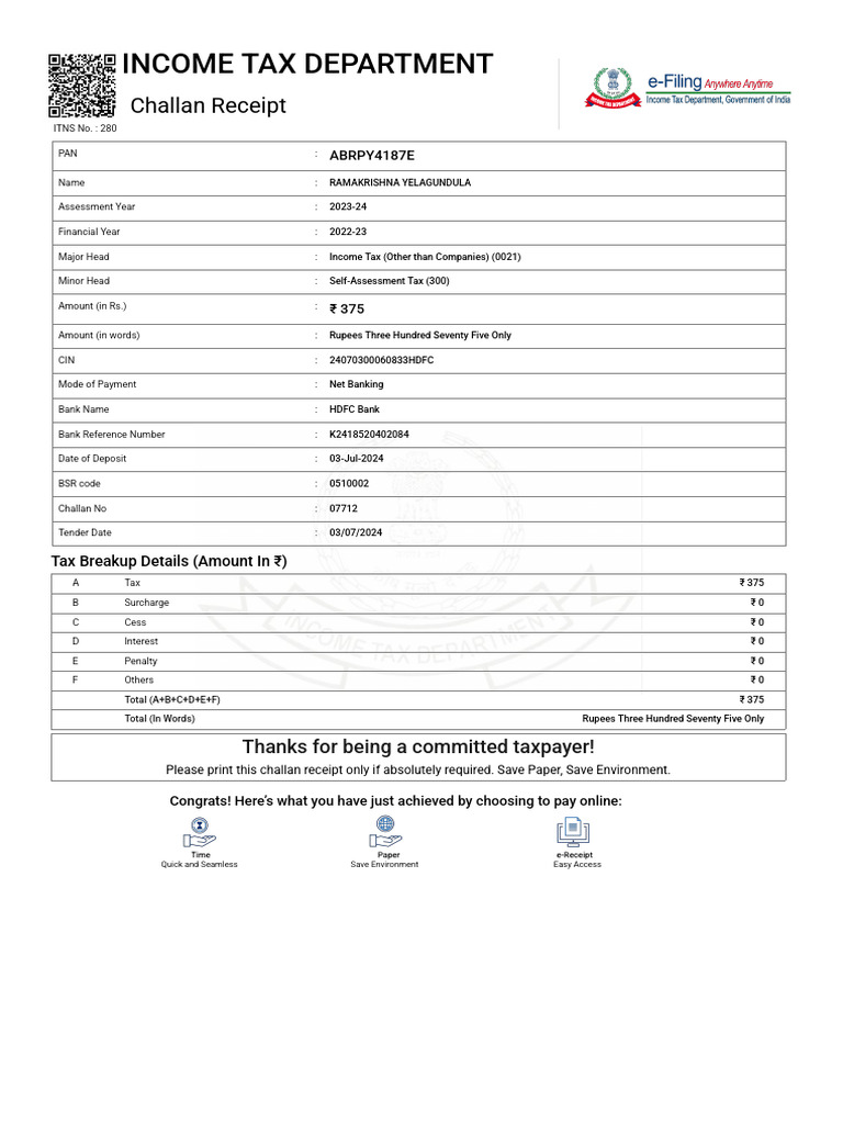 24070300060833HDFC ChallanReceipt | PDF | Taxes | Money