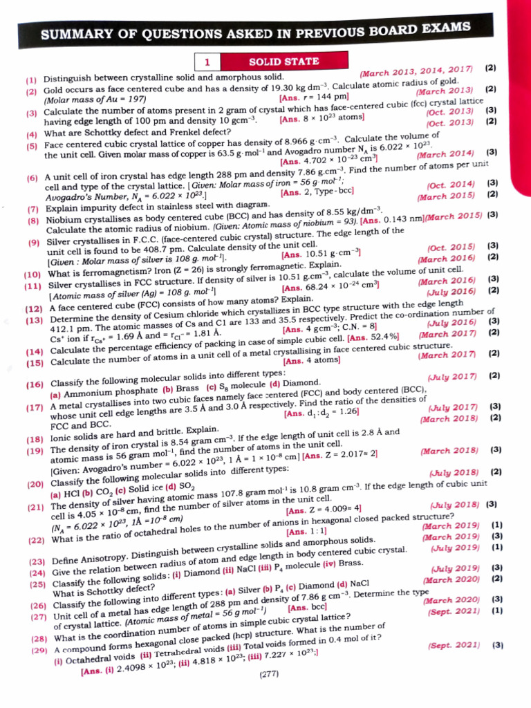 XII Chemistry Board Questions | PDF | Enthalpy | Crystal Structure