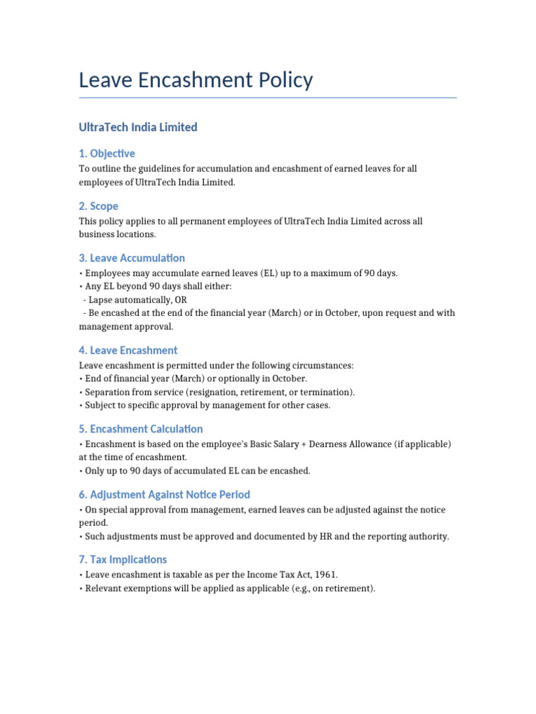 Leave Encashment Policy UltraTech Updated | PDF