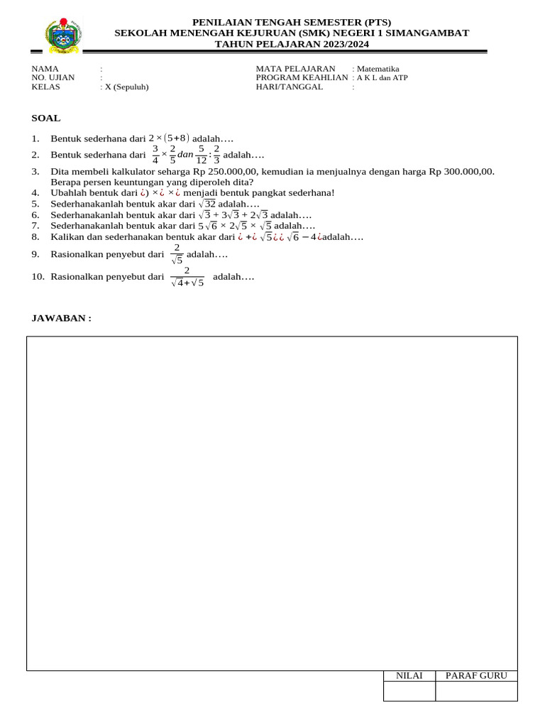 Soal MTK KLS X | PDF