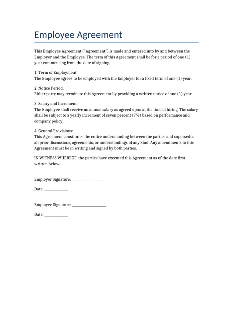 One-Year Employee Agreement Template | PDF