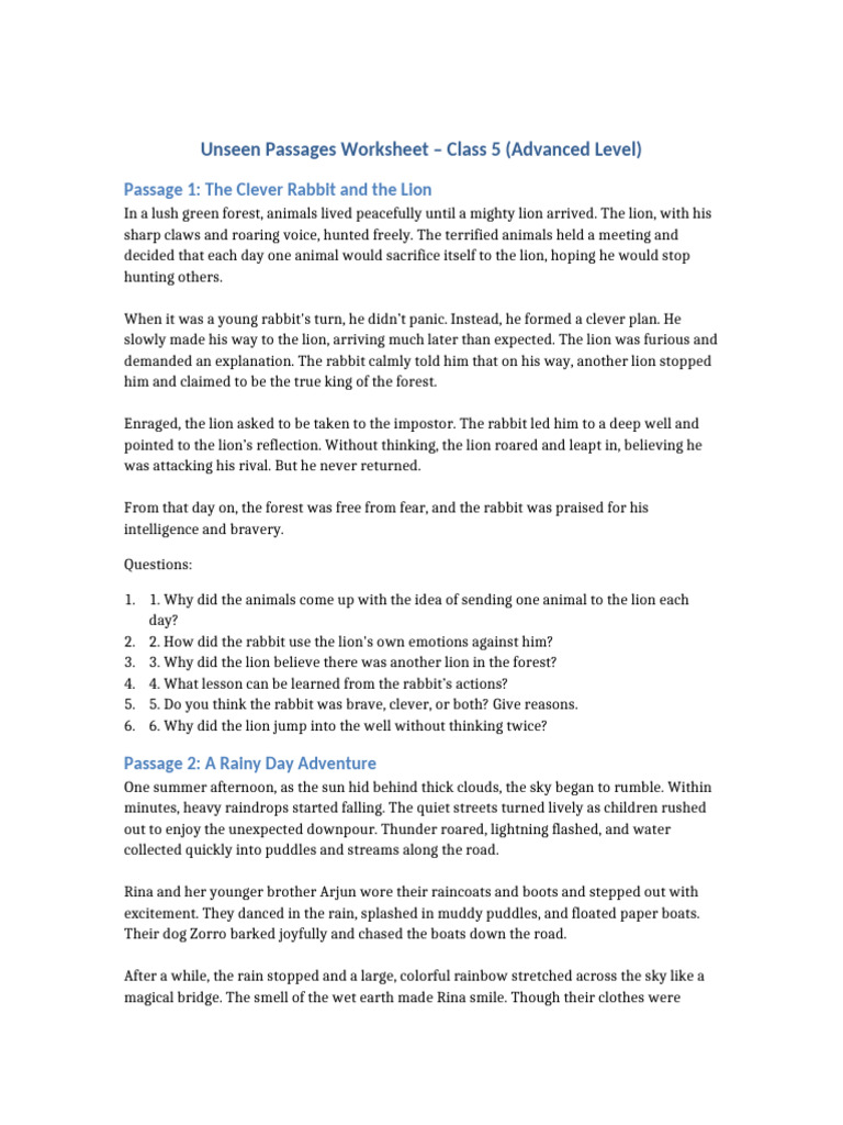 Unseen Passages Class5 Advanced Worksheet | PDF | Mango
