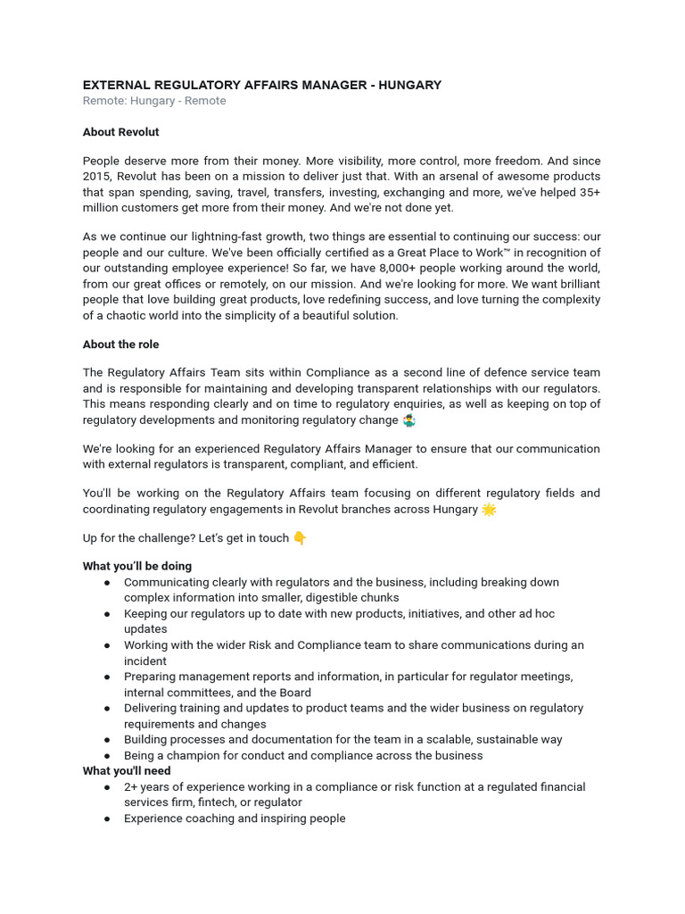 External Regulatory Affairs Manager - Hungary | PDF | Regulatory ...
